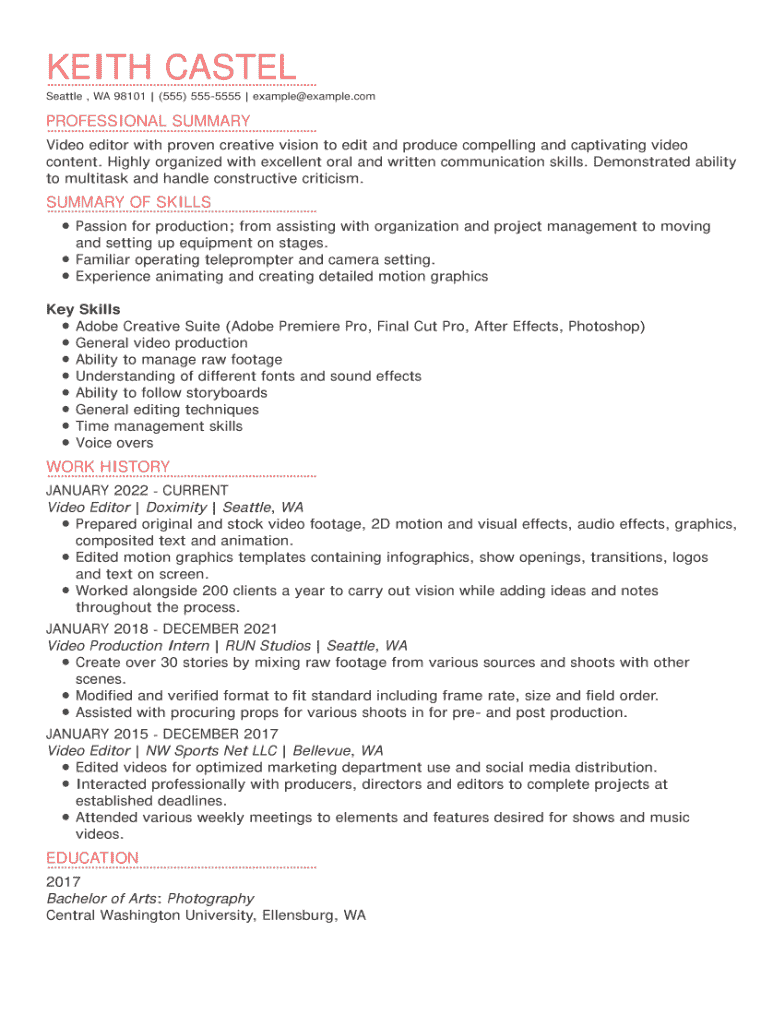 Top Video Editor Resume Examples for 2024