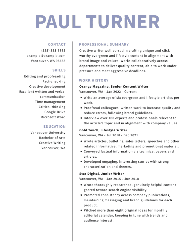 Best Writer Resume Example To Use In 2024